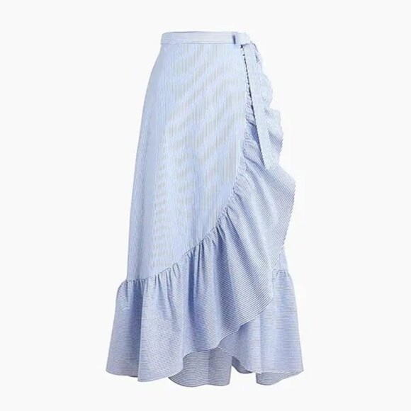 J Crew Skirts J Crew Blue Striped Ruffle Wrap Poplin Midi Skirt